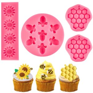 ocmoiy 4 pieces bumble bee silicone mold honeycomb sunflower and bee fondant molds for cupcake cake decorating sugar chocolate candy baking mold