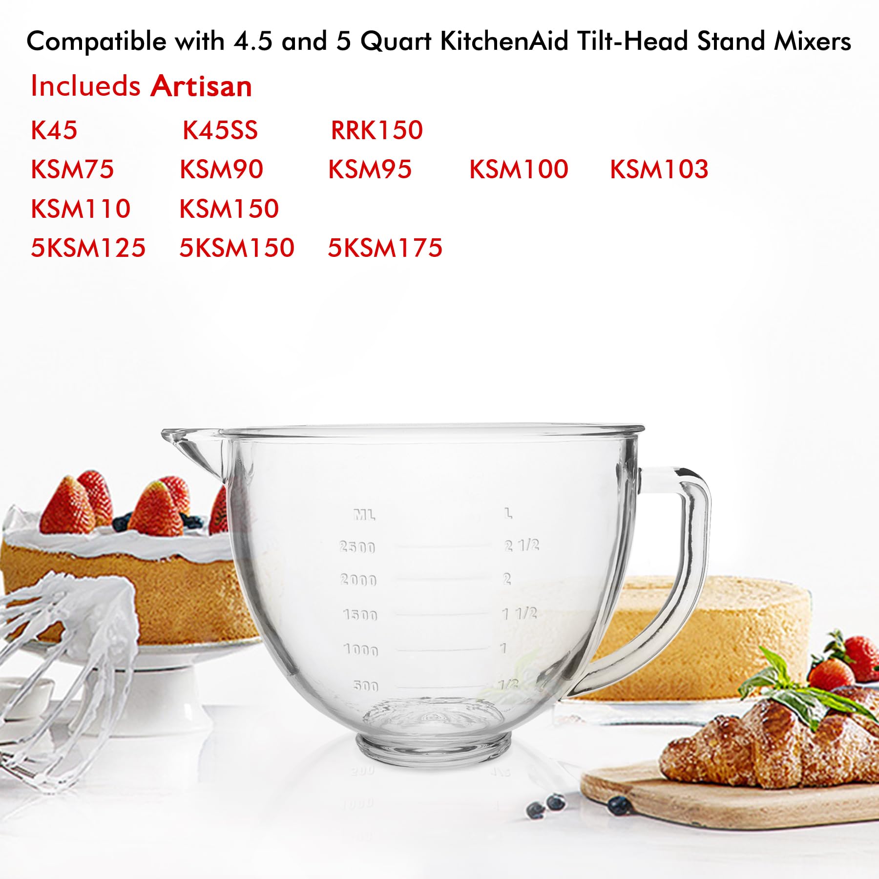 Glass Mixing Bowl 5 QT, Mixing Bowl for KitchenAid 4.5 and 5 Quart Tilt-Head Stand Mixers, Stand Mixer 5 Quart Fits Artisan KSM150, RRK150, KSM100, K45SS, KSM90, KSM95, K45, KSM110, 5KSM125 and More