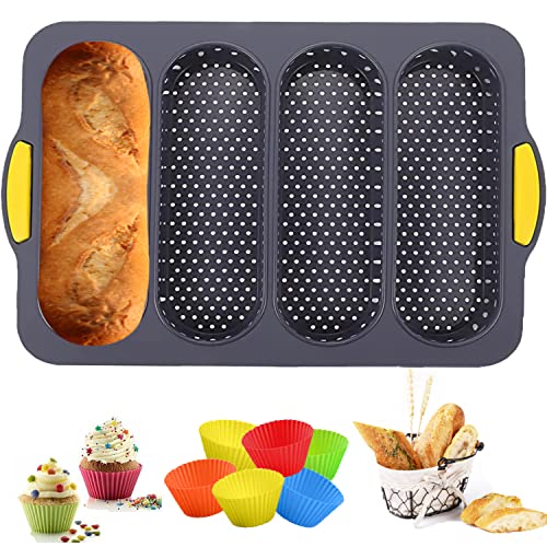 MUJUZE Silicone Loaf Pan Baking Pan for Baking French Baguettes/Hot Dog Buns, bread mold for baking with 6 Muffin Cups,Nonstick &Easy Clean&Heat Resistant Silicone Loaf Pan with Four-hole Baguette