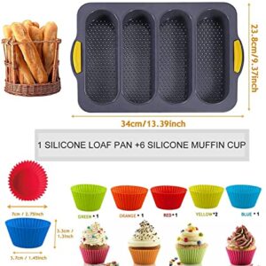 MUJUZE Silicone Loaf Pan Baking Pan for Baking French Baguettes/Hot Dog Buns, bread mold for baking with 6 Muffin Cups,Nonstick &Easy Clean&Heat Resistant Silicone Loaf Pan with Four-hole Baguette