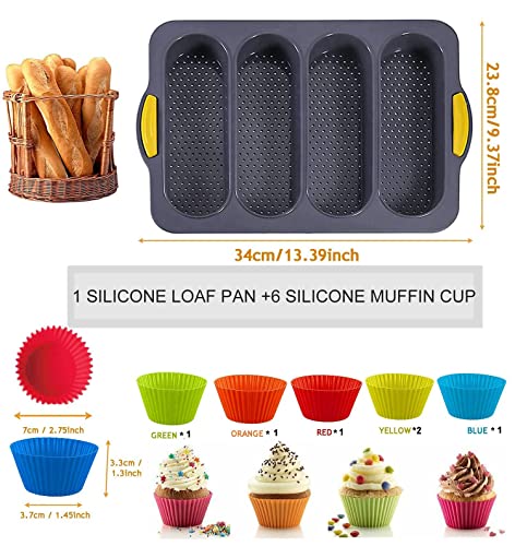 MUJUZE Silicone Loaf Pan Baking Pan for Baking French Baguettes/Hot Dog Buns, bread mold for baking with 6 Muffin Cups,Nonstick &Easy Clean&Heat Resistant Silicone Loaf Pan with Four-hole Baguette