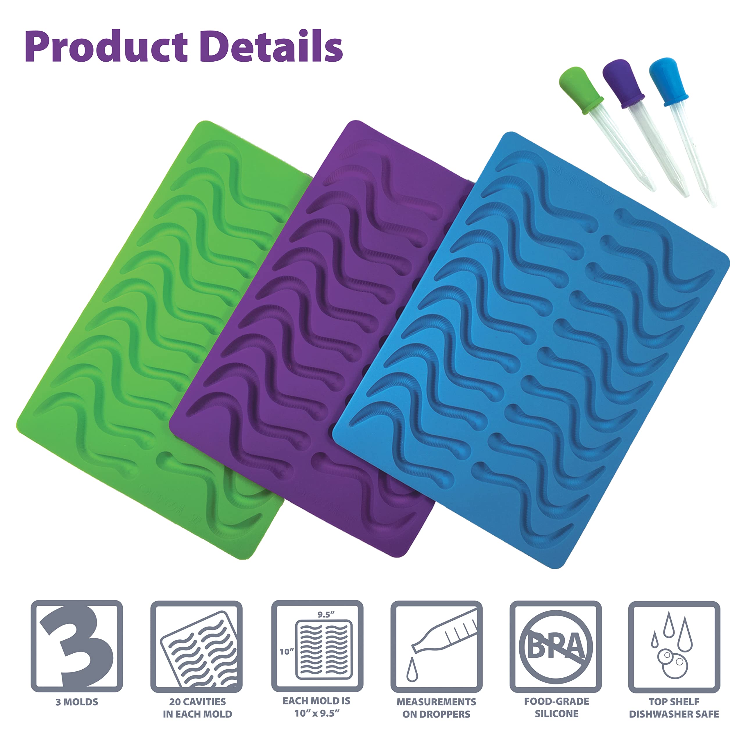 Better Kitchen Products, 3 Piece, 20 Cavity Silicone Gummy Worm Molds with 3 Matching Droppers, Purple, Aqua and Lime