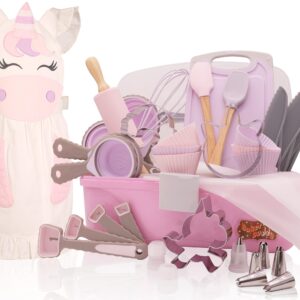 Baker Buddy Unicorn Kids Baking Set with storage case, real working utensils, cookie cutters, and baking supplies, beautiful unicorn apron for kids