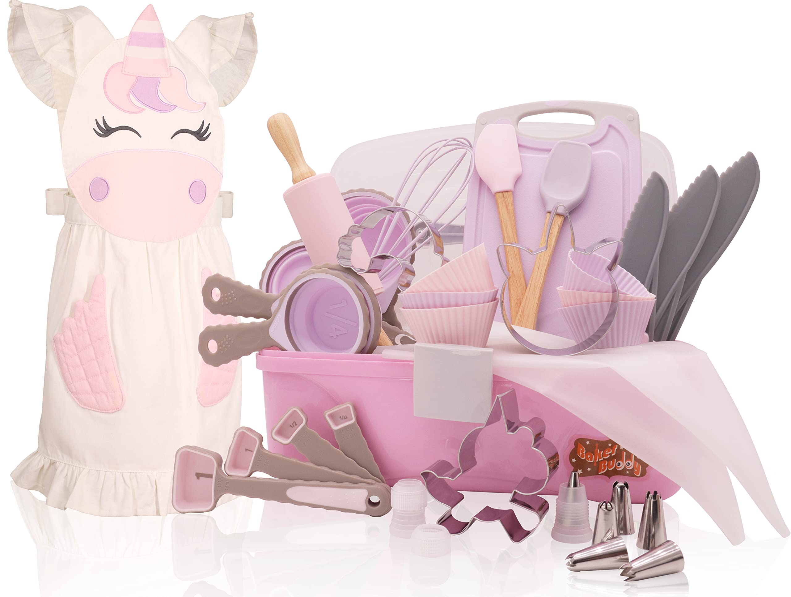 Baker Buddy Unicorn Kids Baking Set with storage case, real working utensils, cookie cutters, and baking supplies, beautiful unicorn apron for kids