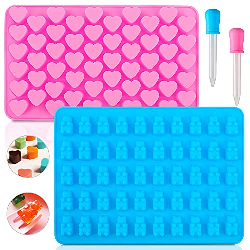 YLhao Gummy Candy Molds Silicone, Mini Fun Gummy Bear Molds - Heart Shaped Mold, 105 Cavities with 2 Droppers Silicone Gummy Molds, Food Grade, Non Stick 2 Pack (Blue, Pink)