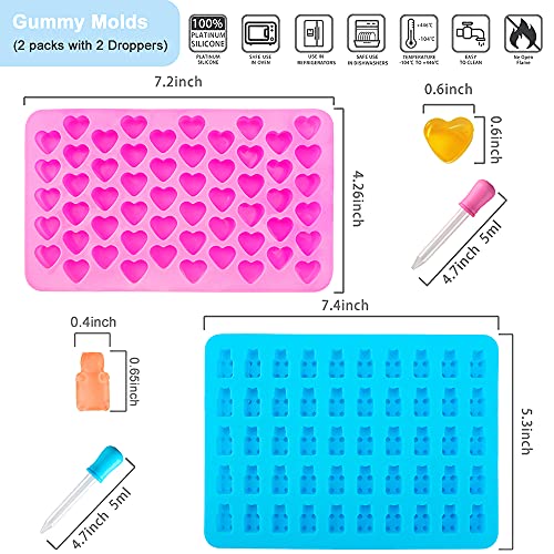 YLhao Gummy Candy Molds Silicone, Mini Fun Gummy Bear Molds - Heart Shaped Mold, 105 Cavities with 2 Droppers Silicone Gummy Molds, Food Grade, Non Stick 2 Pack (Blue, Pink)