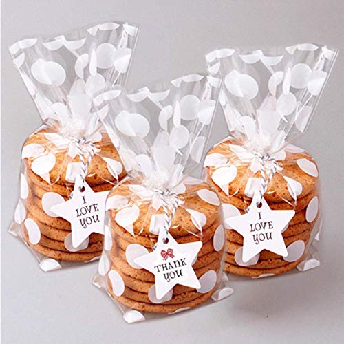 JOERSH 8.1" x 5" Bottom Gusset Clear Plastic Cookie Bags with Ties 200 Pack, White Polka Dots Pattern Small Candy Bags Treat Bags for Muffin Bakery Packaging