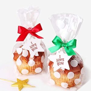 JOERSH 8.1" x 5" Bottom Gusset Clear Plastic Cookie Bags with Ties 200 Pack, White Polka Dots Pattern Small Candy Bags Treat Bags for Muffin Bakery Packaging