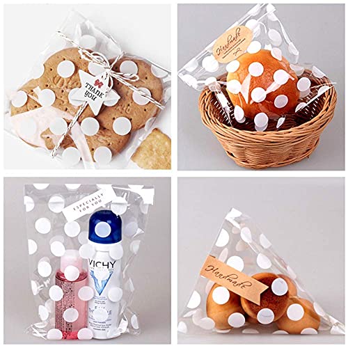 JOERSH 8.1" x 5" Bottom Gusset Clear Plastic Cookie Bags with Ties 200 Pack, White Polka Dots Pattern Small Candy Bags Treat Bags for Muffin Bakery Packaging