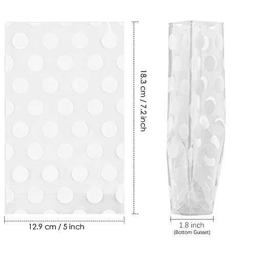 JOERSH 8.1" x 5" Bottom Gusset Clear Plastic Cookie Bags with Ties 200 Pack, White Polka Dots Pattern Small Candy Bags Treat Bags for Muffin Bakery Packaging