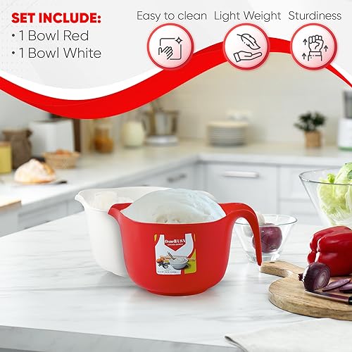 Large Mixing Bowls with Handles, 2 Pcs Microwave Safe 3.6 qt - Plastic Nesting Bowls for Kitchen, Batter Bowls, Easy to Clean, White & Red