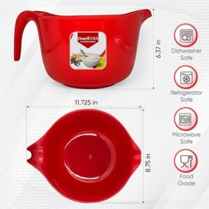 Large Mixing Bowls with Handles, 2 Pcs Microwave Safe 3.6 qt - Plastic Nesting Bowls for Kitchen, Batter Bowls, Easy to Clean, White & Red