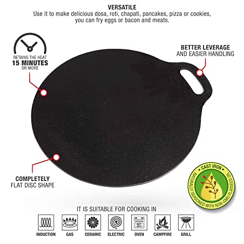 Victoria 15-Inch Cast Iron Tawa Dosa Pan, Pizza Pan with a Loop Handle, Crepe Pan Preseasoned with Flaxseed Oil, Made in Colombia