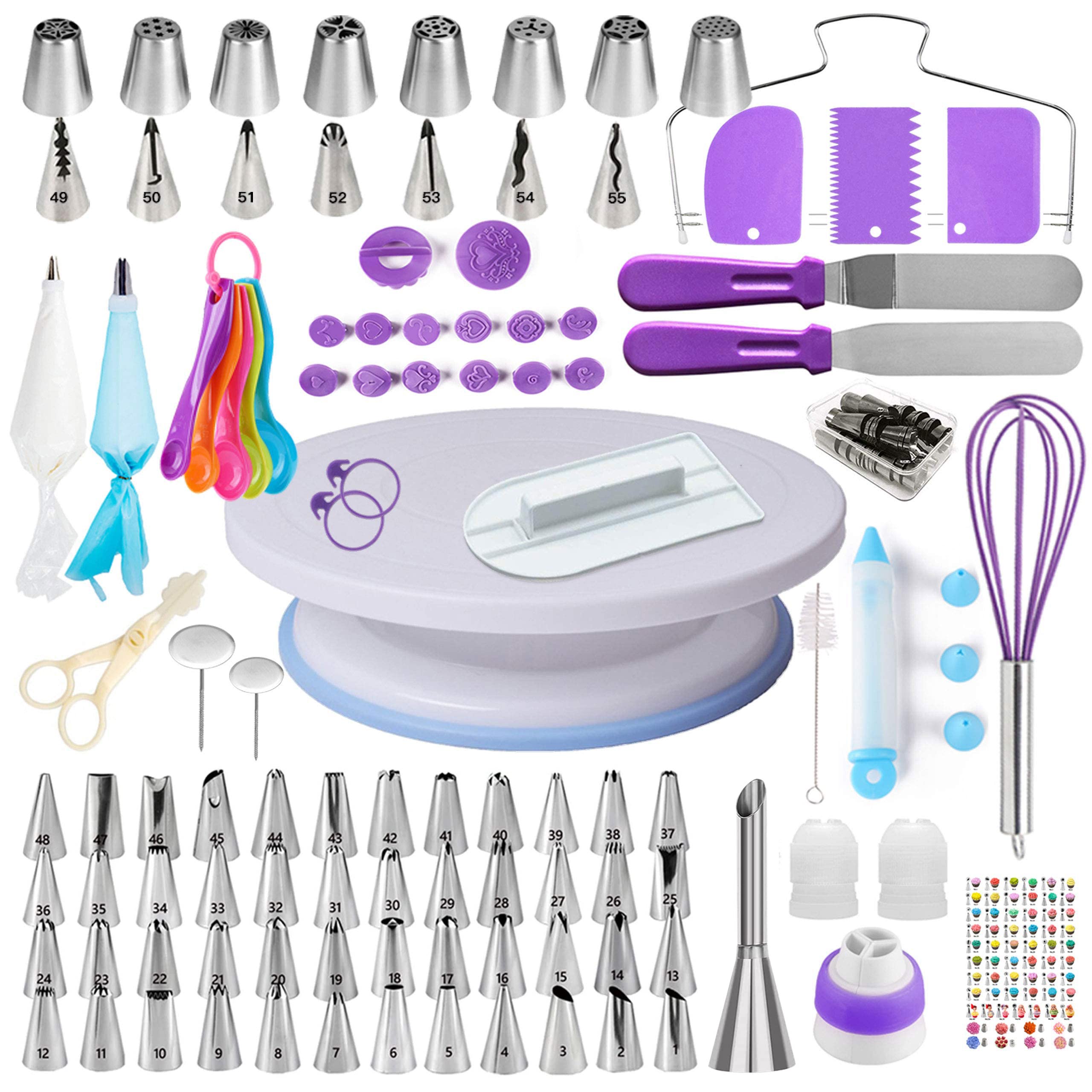 Cake Decorating Supplies Kit for Beginners, Set of 138, Baking Pastry Tools, 1 Turntable stand-55 Numbered Icing Tips with Pattern Chart, Angled Spatula, 8 Russian Piping nozzles-Baking Tools