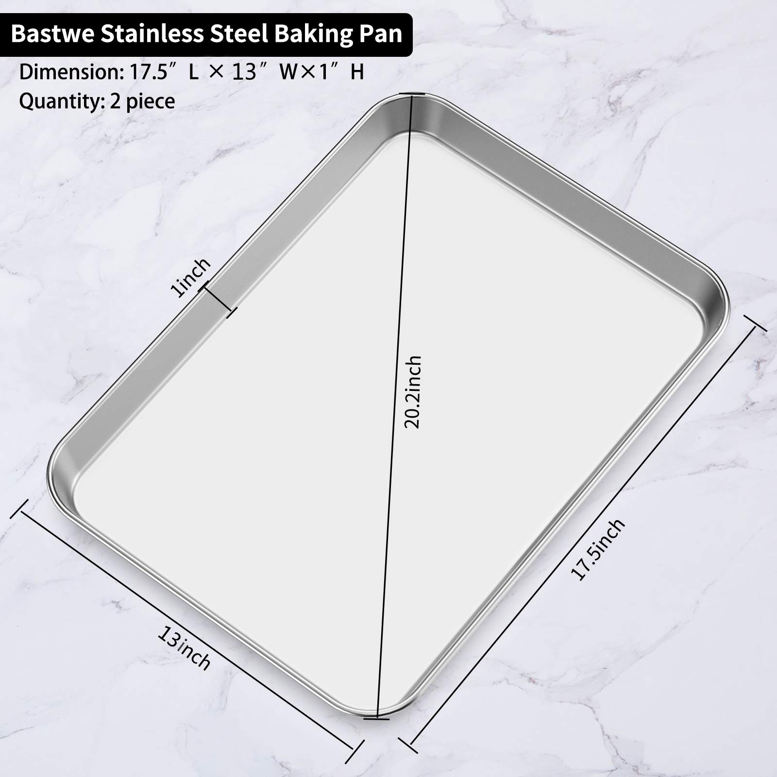 Baking Sheet Set of 2, Bastwe 18 inch Commercial Grade Stainless Steel Baking Pan, Professional Bakeware Oven Tray, Healthy & Non-toxic, Rust Free & Mirror Finish, Easy Clean & Dishwasher Safe