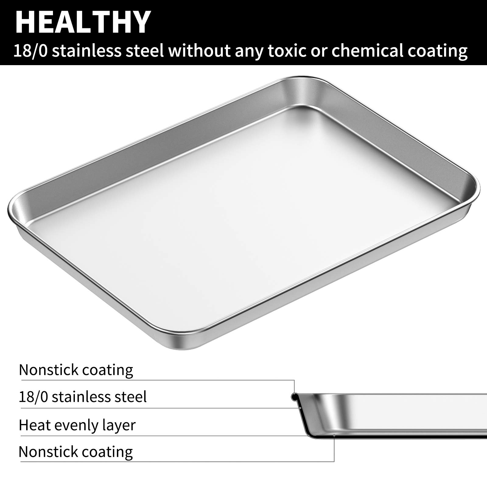 Baking Sheet Set of 2, Bastwe 18 inch Commercial Grade Stainless Steel Baking Pan, Professional Bakeware Oven Tray, Healthy & Non-toxic, Rust Free & Mirror Finish, Easy Clean & Dishwasher Safe