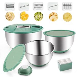 weltonhm mixing bowls set of 3 stainless steel bowl with lids set, nesting bowls with graters airtight lids for cooking, baking, prepping(green)