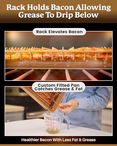 Gotham Steel Bacon Bonanza XL Baking Pan with Rack for Crispy Bacon + Crisper Tray for Bacon with Grease Catcher, Nonstick Bacon Cooker for Oven / Copper Bacon Pan, Non-Toxic Oven / Dishwasher safe