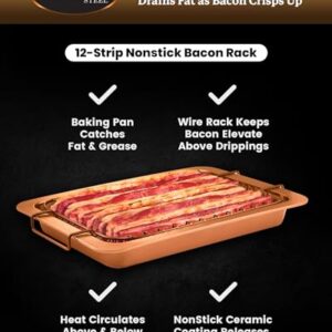 Gotham Steel Bacon Bonanza XL Baking Pan with Rack for Crispy Bacon + Crisper Tray for Bacon with Grease Catcher, Nonstick Bacon Cooker for Oven / Copper Bacon Pan, Non-Toxic Oven / Dishwasher safe