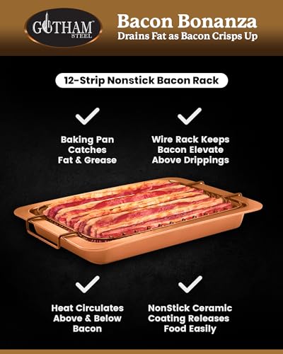 Gotham Steel Bacon Bonanza XL Baking Pan with Rack for Crispy Bacon + Crisper Tray for Bacon with Grease Catcher, Nonstick Bacon Cooker for Oven / Copper Bacon Pan, Non-Toxic Oven / Dishwasher safe