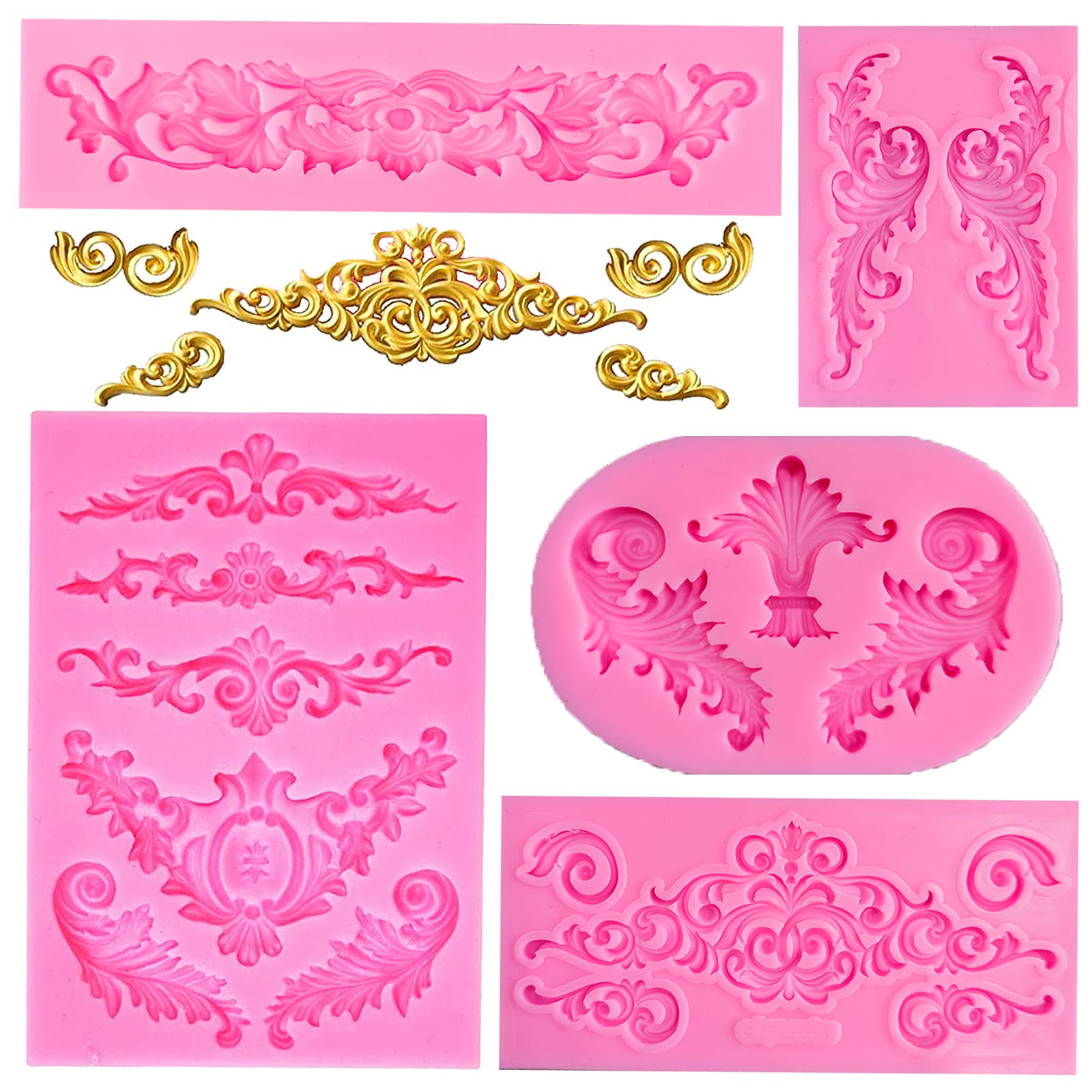 Rainmae 5 Pcs Baroque Style Curlicues Scroll Lace Fondant Silicone Mold, Relief Flower Lace Mould Filigree Mold 3D Sculpted Decoration, Cupcake Topper, Jewelry, Polymer Clay, Crafting Projects