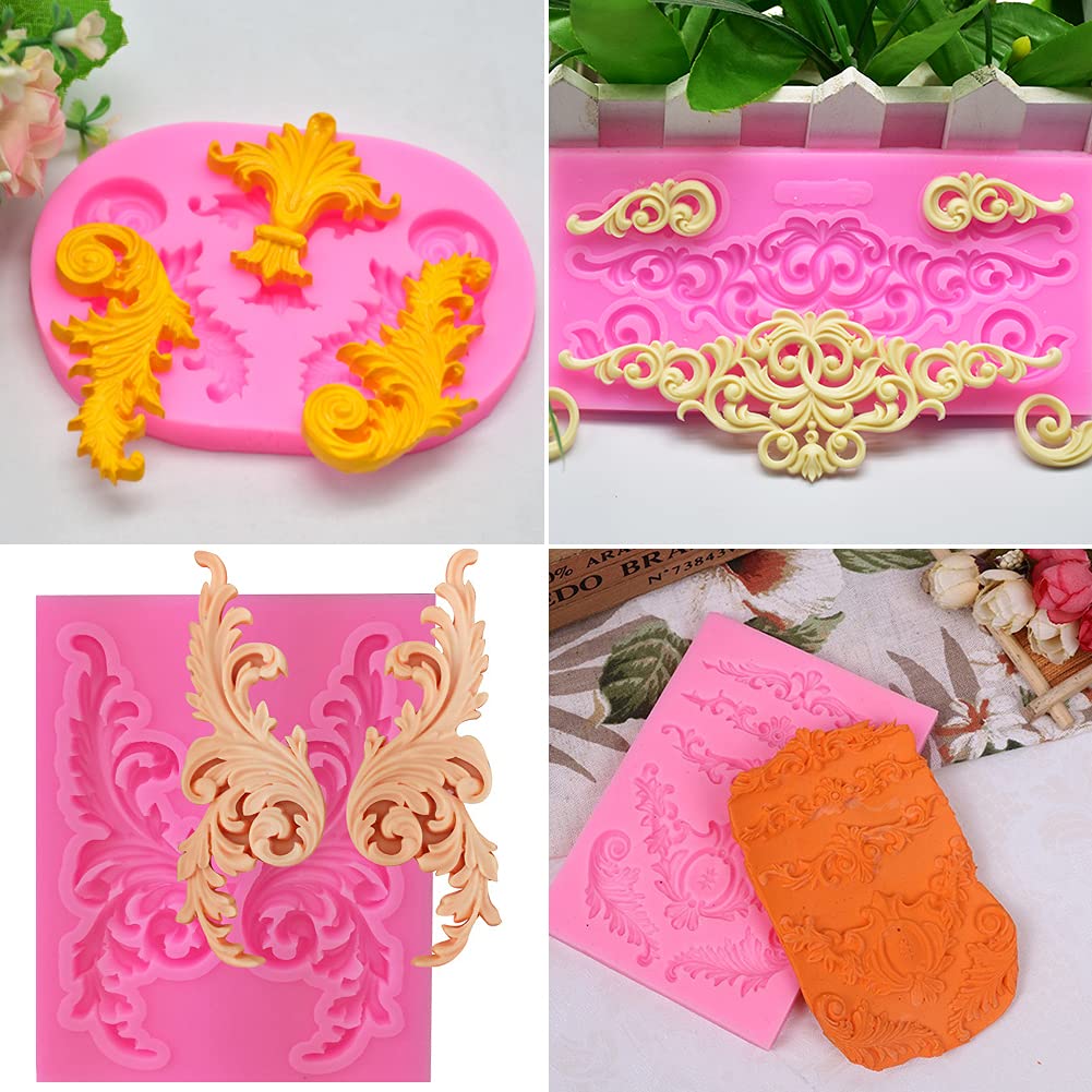 Rainmae 5 Pcs Baroque Style Curlicues Scroll Lace Fondant Silicone Mold, Relief Flower Lace Mould Filigree Mold 3D Sculpted Decoration, Cupcake Topper, Jewelry, Polymer Clay, Crafting Projects