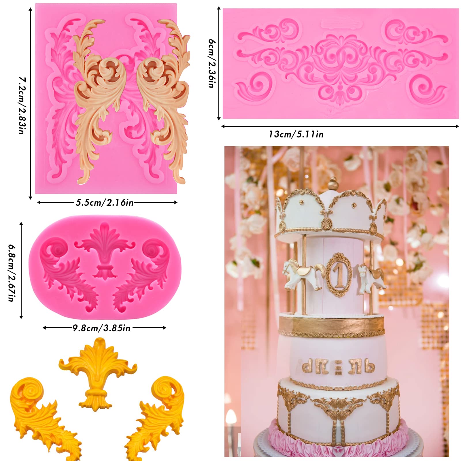 Rainmae 5 Pcs Baroque Style Curlicues Scroll Lace Fondant Silicone Mold, Relief Flower Lace Mould Filigree Mold 3D Sculpted Decoration, Cupcake Topper, Jewelry, Polymer Clay, Crafting Projects