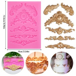 Rainmae 5 Pcs Baroque Style Curlicues Scroll Lace Fondant Silicone Mold, Relief Flower Lace Mould Filigree Mold 3D Sculpted Decoration, Cupcake Topper, Jewelry, Polymer Clay, Crafting Projects