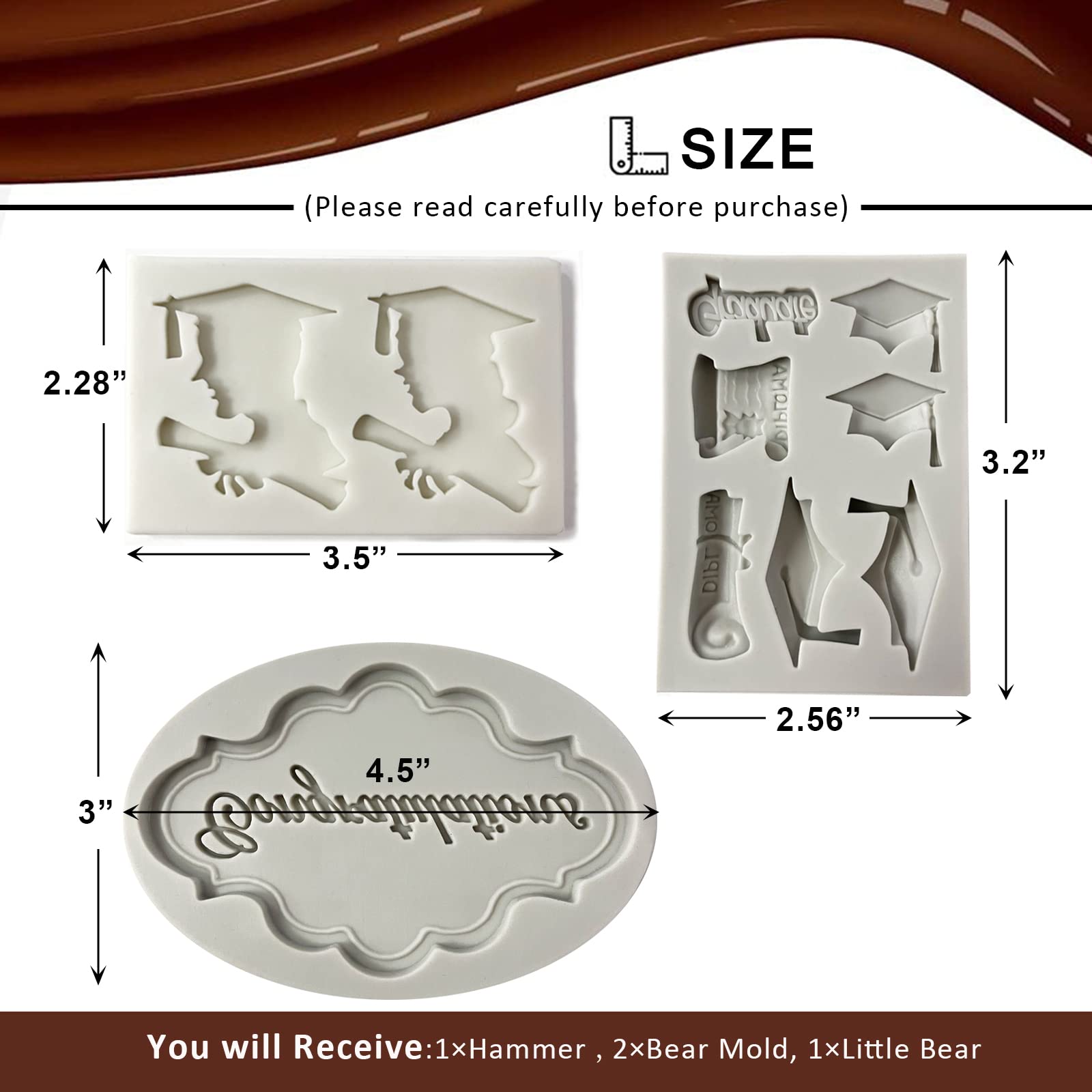 FantasyBear 3 Graduation Candy Mold,Grad Cap Diploma Mould Doctoral Cap Congrats Grad Congratulations Candy Jelly Chocolate Mould for Grad Party Cake Cupcake Topper Decoration