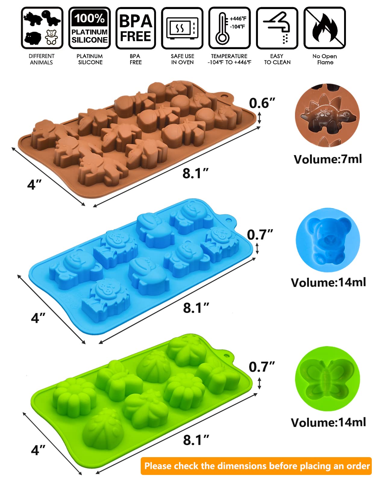 Candy Chocolate Molds Silicone, Non-stick Animal Jello Molds, Crayon Mold, Silicone Baking Mold - BPA Free, Forest Theme with Different Animals, including Dinosaurs, Bear, Lion and Butterfly, Set of 6