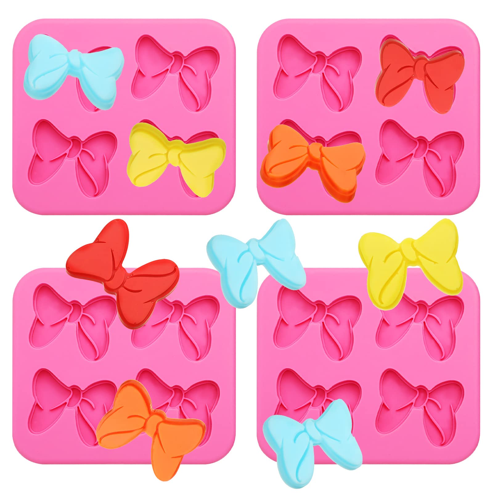 4 Hole Bow Chocolate Silicone Mold 4 Pcs Bow Fondant Mini Mold Cartoon Butterfly Tie Edible Cartoon Cake Molds for Baking Pink Bowknot Candy Molds for Making Cupcake Soap Cookie Clay Decoration