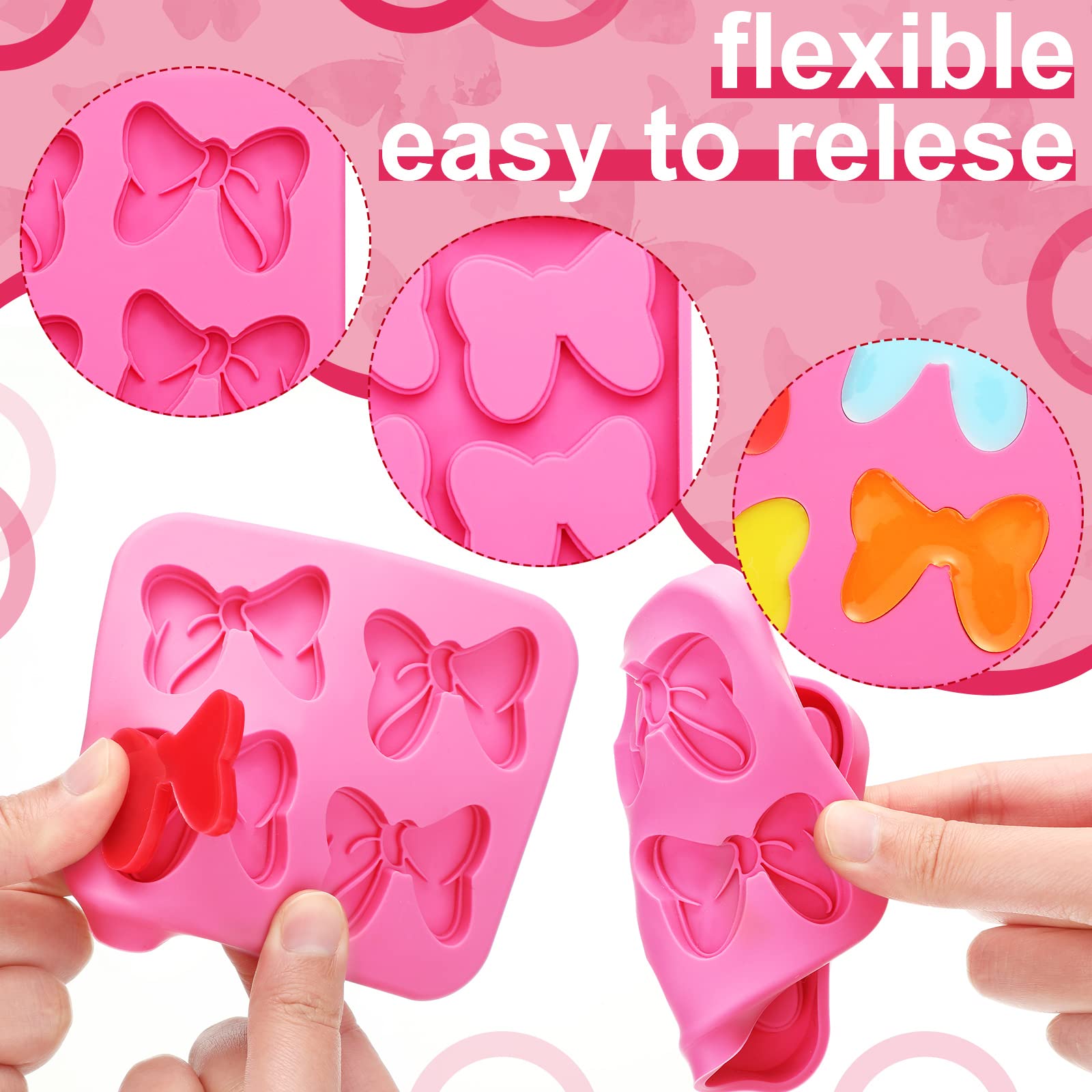 4 Hole Bow Chocolate Silicone Mold 4 Pcs Bow Fondant Mini Mold Cartoon Butterfly Tie Edible Cartoon Cake Molds for Baking Pink Bowknot Candy Molds for Making Cupcake Soap Cookie Clay Decoration