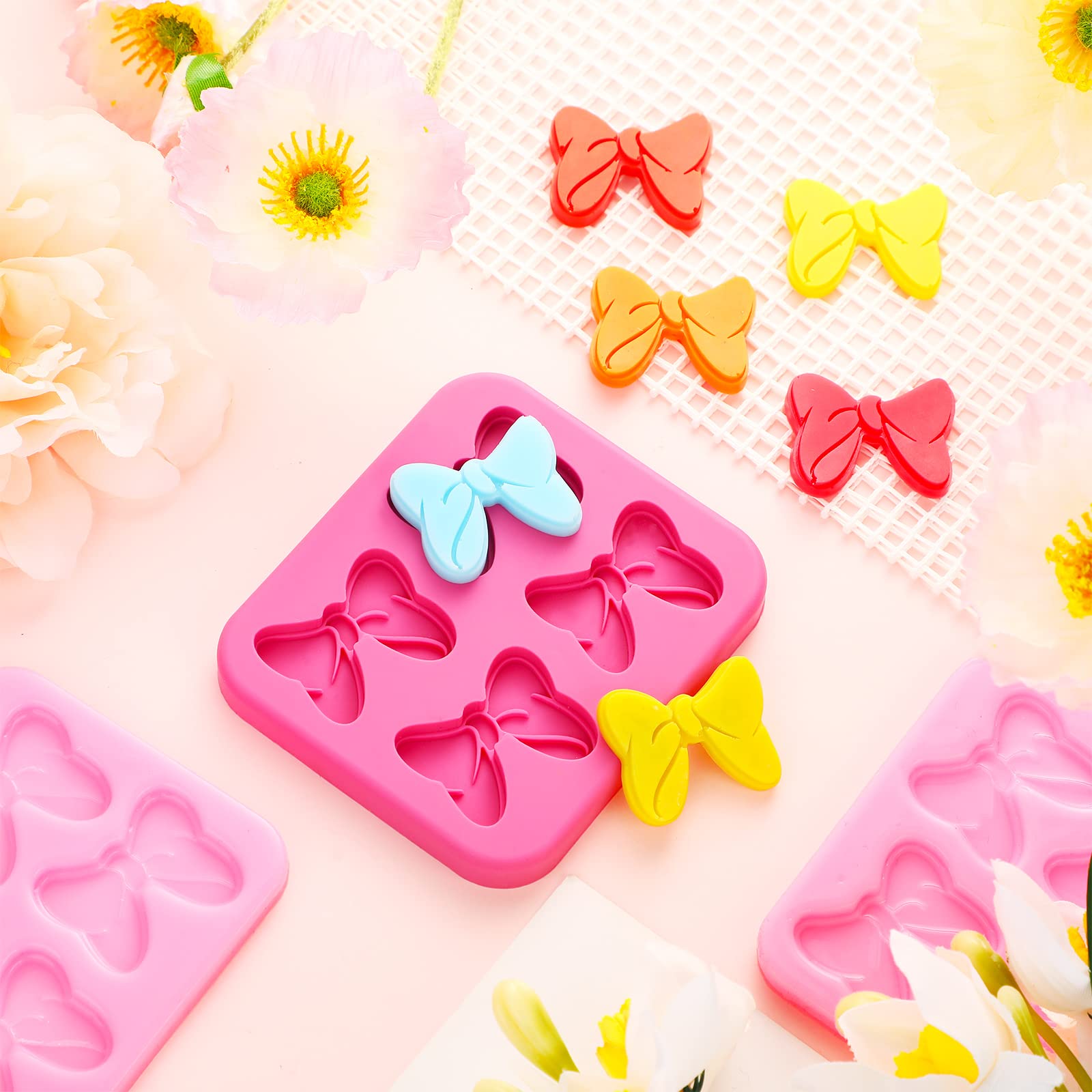 4 Hole Bow Chocolate Silicone Mold 4 Pcs Bow Fondant Mini Mold Cartoon Butterfly Tie Edible Cartoon Cake Molds for Baking Pink Bowknot Candy Molds for Making Cupcake Soap Cookie Clay Decoration