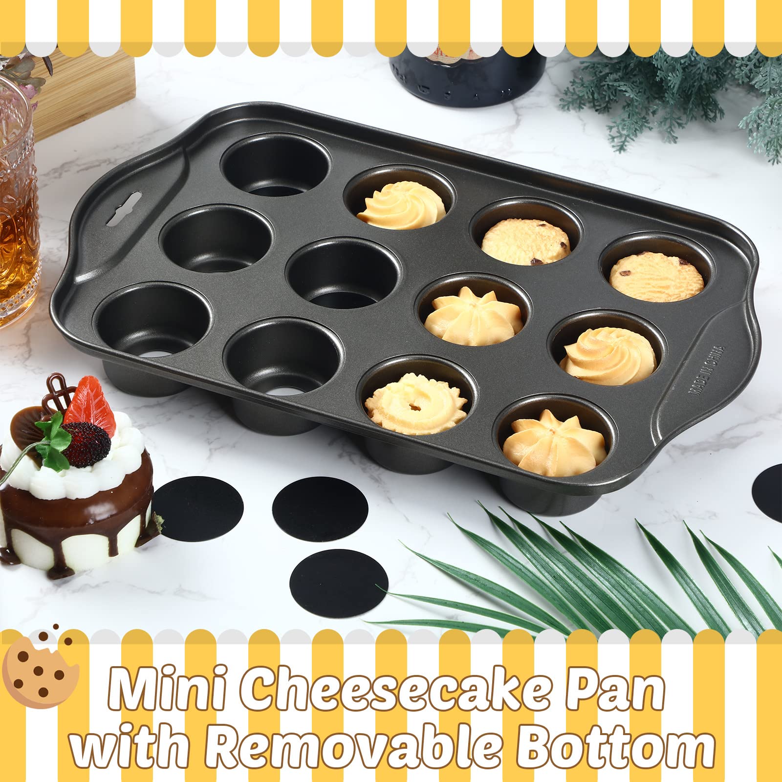 EBOOT 3 Pack Mini Cheesecake Pan with Removable Bottom 12 Cavity Nonstick Carbon Steel Muffin Cupcake Pan 13" x 8"