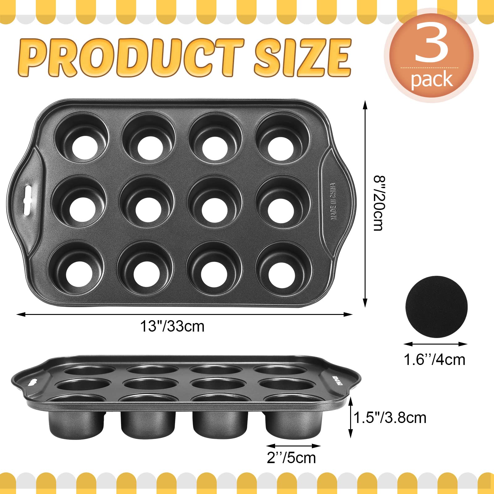 EBOOT 3 Pack Mini Cheesecake Pan with Removable Bottom 12 Cavity Nonstick Carbon Steel Muffin Cupcake Pan 13" x 8"