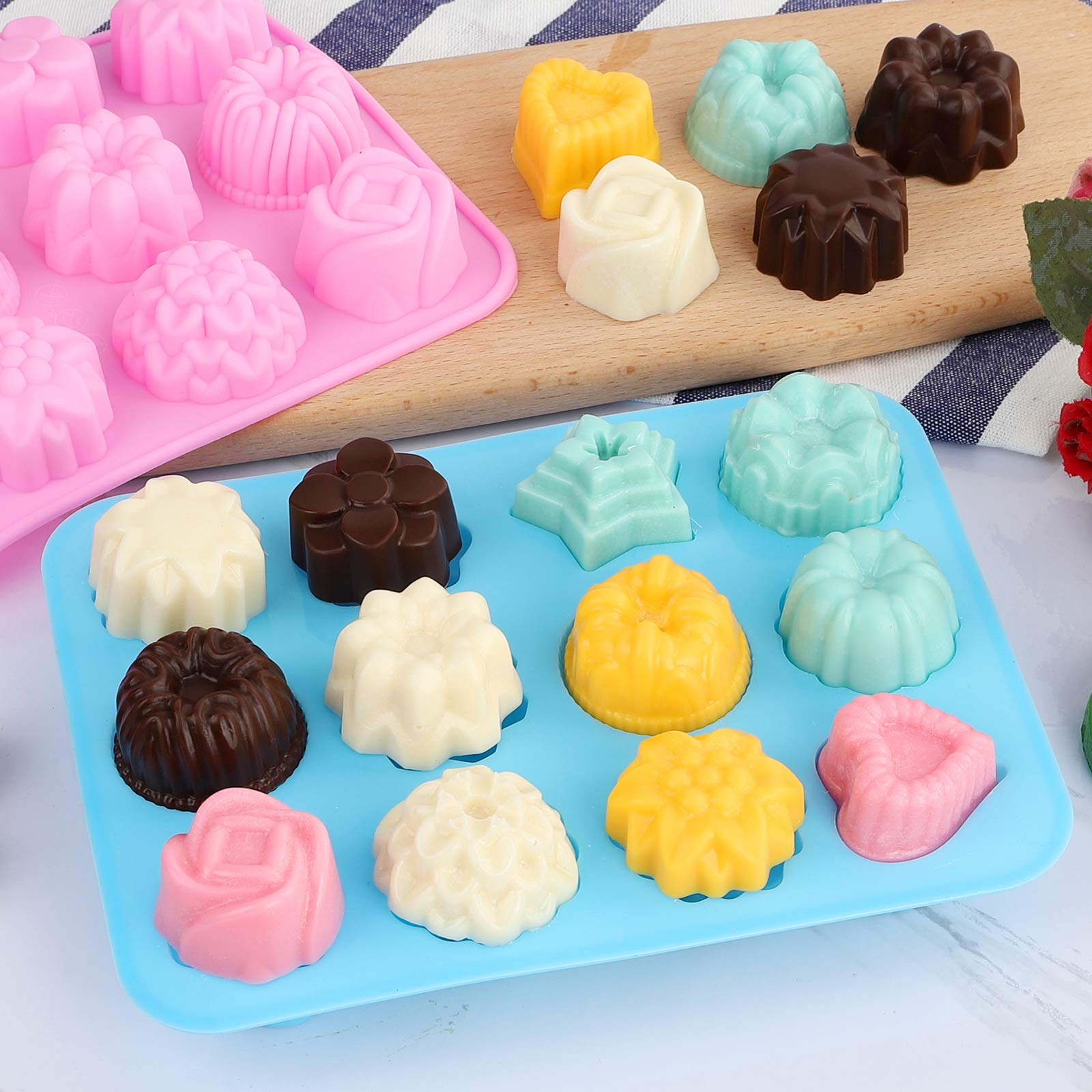 Silicone Flowers Molds, Baking Pan with Flowers and Heart Shape Non-Stick Silicone Molds for Chocolate, Candy, Jelly, Ice Cube, Muffin (5pack)