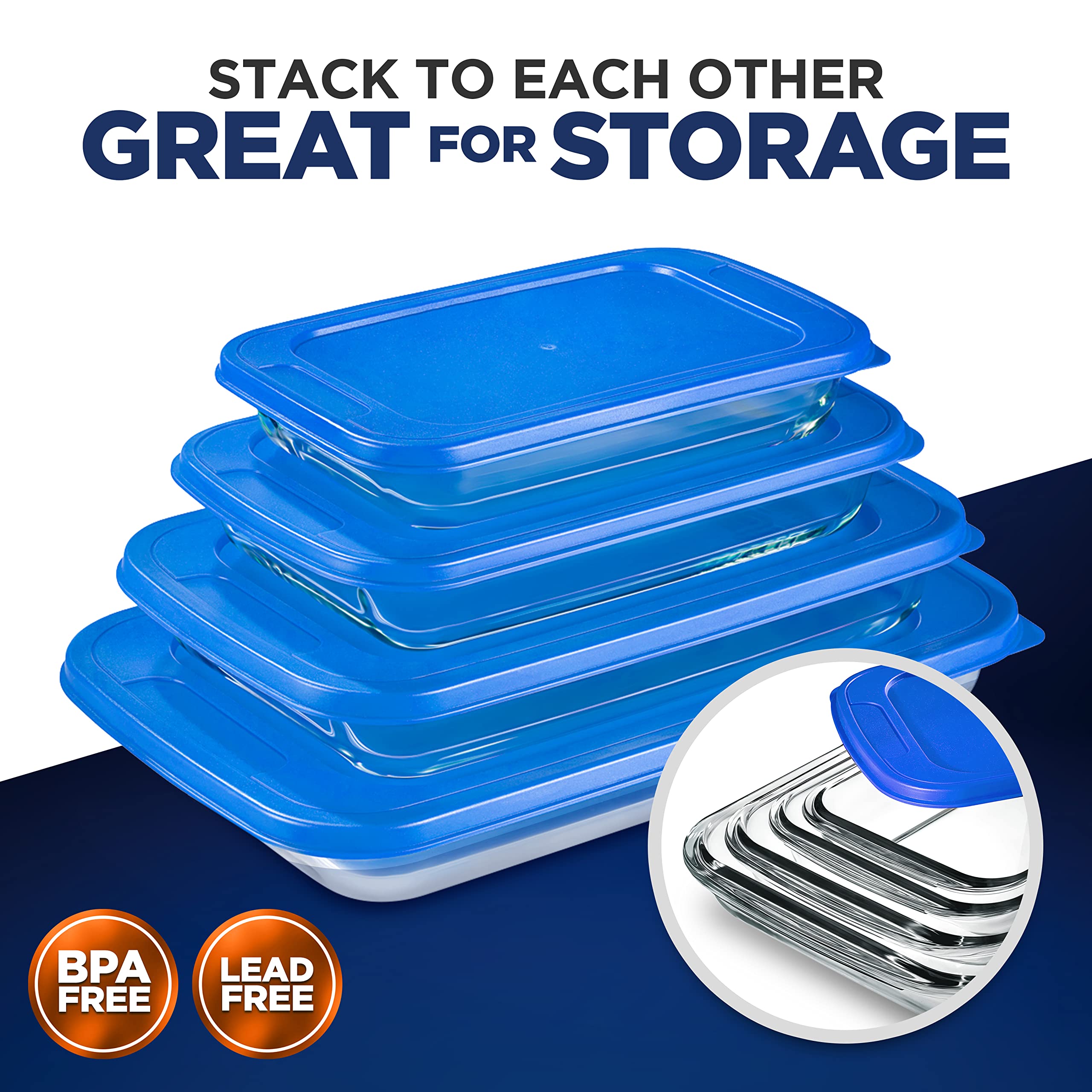 NutriChef 4 Sets Glass Bakeware - High Borosilicate Rectangular Glass Baking Dish w/Blue BPA-Free PE Lids, Freezer-to-Oven Home Kitchen Bake Casserole Food Storage Stackable Tray Pan, Dishwasher Safe