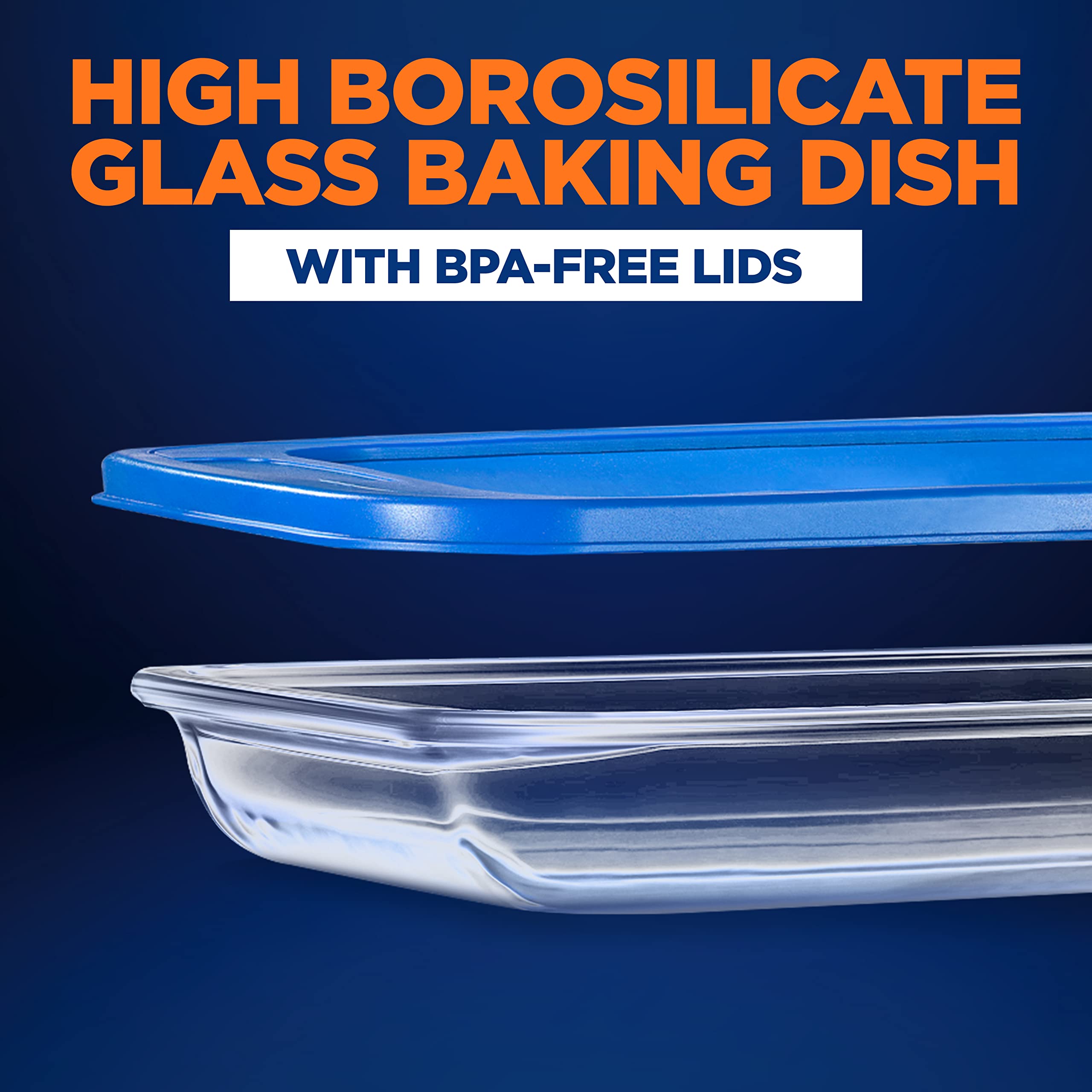 NutriChef 4 Sets Glass Bakeware - High Borosilicate Rectangular Glass Baking Dish w/Blue BPA-Free PE Lids, Freezer-to-Oven Home Kitchen Bake Casserole Food Storage Stackable Tray Pan, Dishwasher Safe