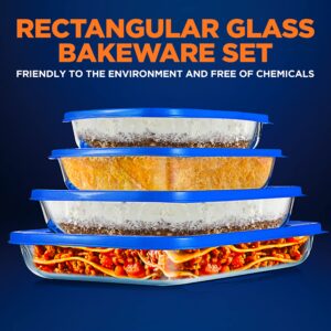 NutriChef 4 Sets Glass Bakeware - High Borosilicate Rectangular Glass Baking Dish w/Blue BPA-Free PE Lids, Freezer-to-Oven Home Kitchen Bake Casserole Food Storage Stackable Tray Pan, Dishwasher Safe