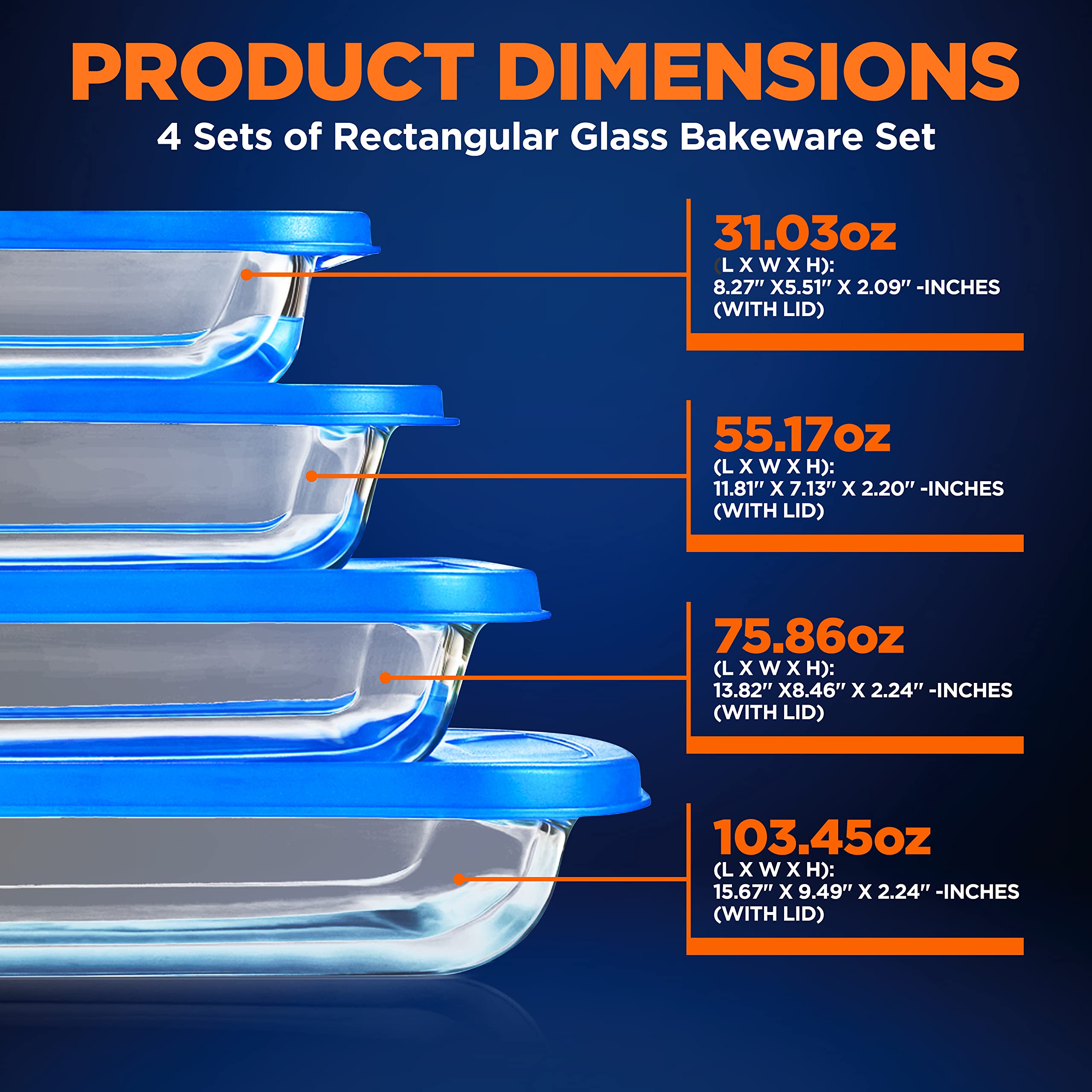 NutriChef 4 Sets Glass Bakeware - High Borosilicate Rectangular Glass Baking Dish w/Blue BPA-Free PE Lids, Freezer-to-Oven Home Kitchen Bake Casserole Food Storage Stackable Tray Pan, Dishwasher Safe