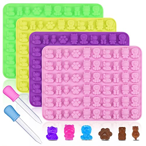 4 Pack Gummy Bear Candy Molds Silicone 60 Cavity Chocolate Gummy Molds with 2 Droppers Bear Lion Dog Cat Hippopotamus Dog Claw Minni 6 Animals Shape Silicone Molds for Baking Ice Cube