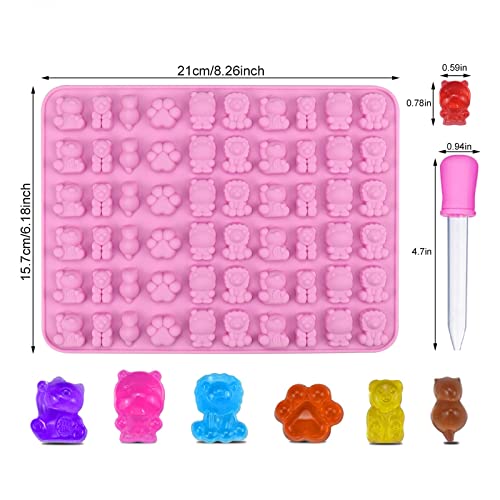 4 Pack Gummy Bear Candy Molds Silicone 60 Cavity Chocolate Gummy Molds with 2 Droppers Bear Lion Dog Cat Hippopotamus Dog Claw Minni 6 Animals Shape Silicone Molds for Baking Ice Cube