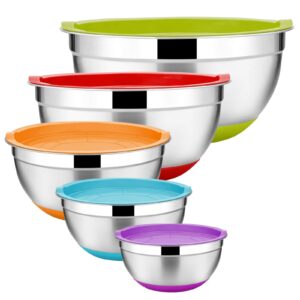 e-far stainless steel mixing bowls set of 5, size 7/3.5/2.5/1.5/1 qt, metal nesting bowls with colorful airtight lids & non-slip bottoms, great for kitchen cooking, baking, serving, food prep