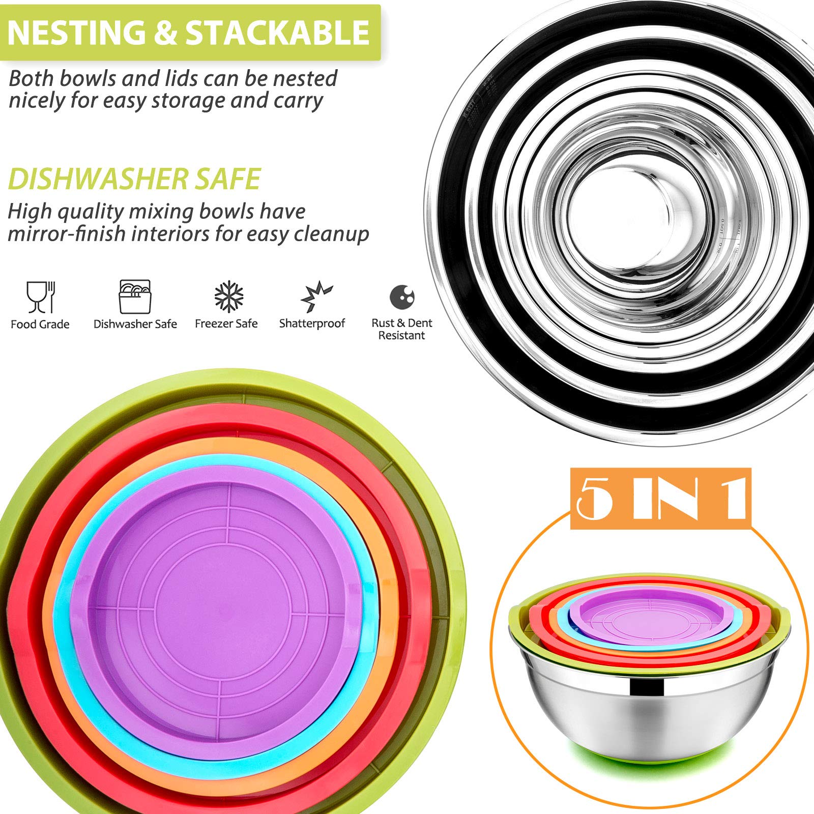 E-far Stainless Steel Mixing Bowls Set of 5, Size 7/3.5/2.5/1.5/1 QT, Metal Nesting Bowls with Colorful Airtight Lids & Non-Slip Bottoms, Great for Kitchen Cooking, Baking, Serving, Food Prep