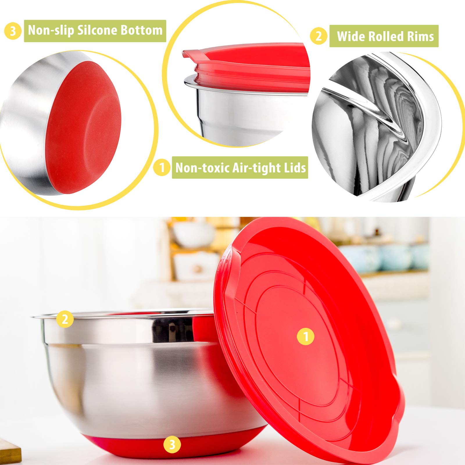 E-far Stainless Steel Mixing Bowls Set of 5, Size 7/3.5/2.5/1.5/1 QT, Metal Nesting Bowls with Colorful Airtight Lids & Non-Slip Bottoms, Great for Kitchen Cooking, Baking, Serving, Food Prep