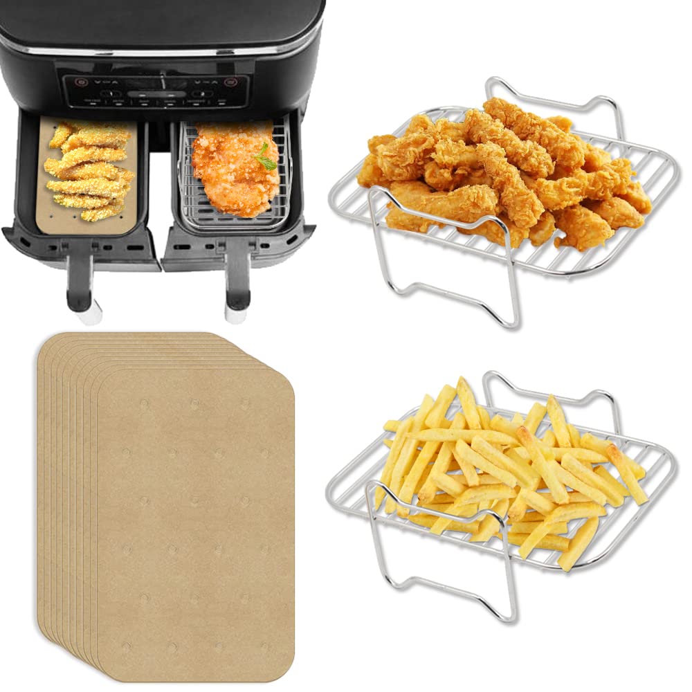 2pcs Air Fryer Rack Set with 100pcs Parchment Paper Compatible with Ninja Foodi Air Fryer DZ201, DZ401, 304 Stainless Steel Toast Dehydrator Racks Air Fryer Paper Liners for Double Basket Air Fryer