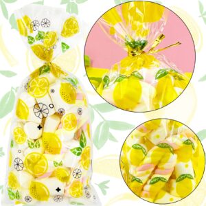 100pcs Lemon Cellophane Bags Lemon Favor Bag Lemon Party Treat Bags Summer Goodie Bags Plastic with Ties for Candy Buffet Summer Yellow Lemon Theme Birthday Party