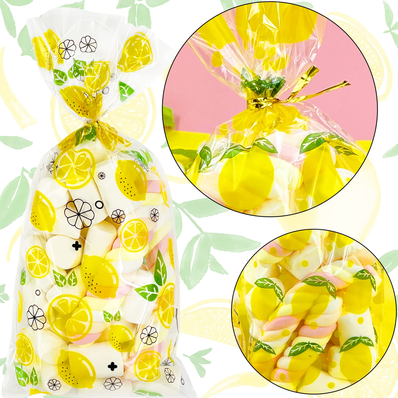 100pcs Lemon Cellophane Bags Lemon Favor Bag Lemon Party Treat Bags Summer Goodie Bags Plastic with Ties for Candy Buffet Summer Yellow Lemon Theme Birthday Party