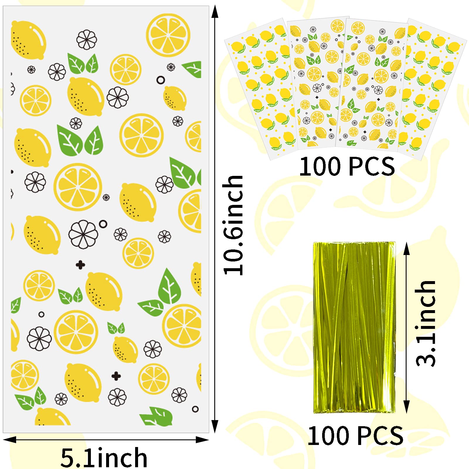 100pcs Lemon Cellophane Bags Lemon Favor Bag Lemon Party Treat Bags Summer Goodie Bags Plastic with Ties for Candy Buffet Summer Yellow Lemon Theme Birthday Party