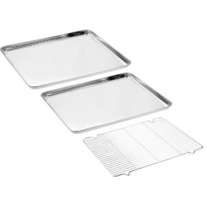 Baking Sheets 2 Pieces with A Rack, HKJ Chef Cookie Sheets and Nonstick Cooling Rack & Stainless Steel Baking Pans & Toaster Oven Tray Pan, Rectangle Size 12.5 x 10 x 1 inch & Non Toxic